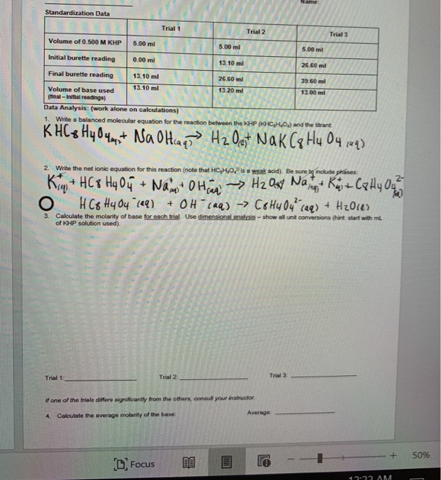Solved Standardization Data Trial 1 Trial 2 Trial 3 Volume | Chegg.com