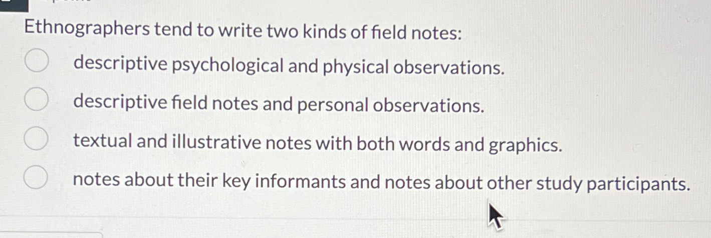 Solved Ethnographers tend to write two kinds of field | Chegg.com