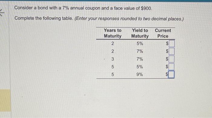 Solved Consider a bond with a 7% annual coupon and a face | Chegg.com