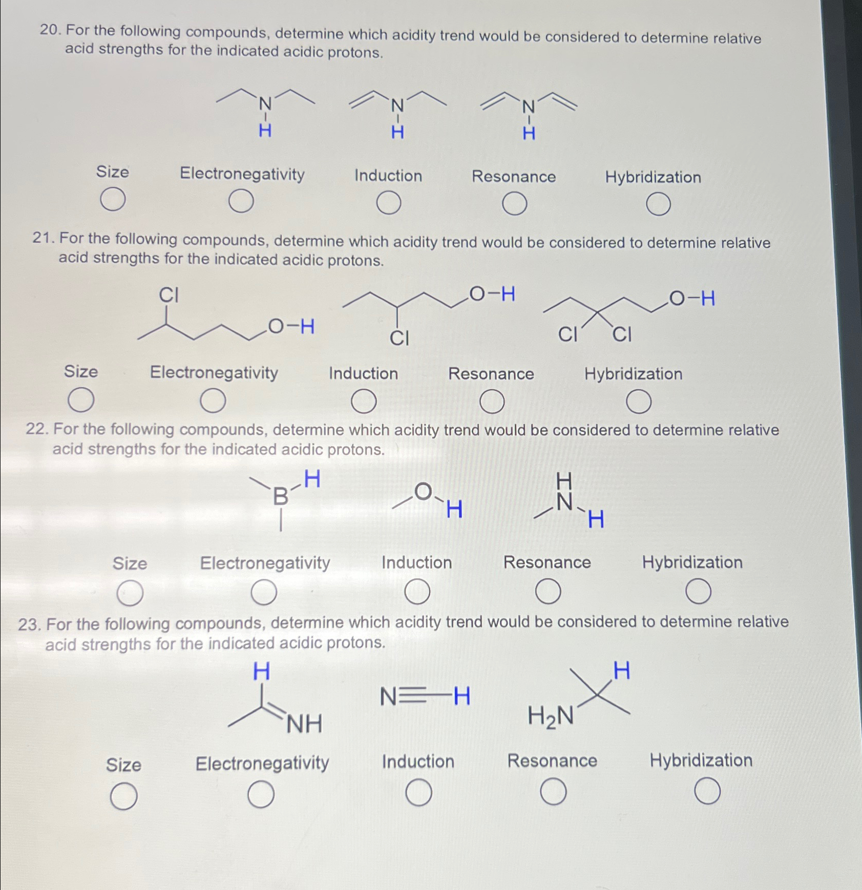 Solved For the following compounds, determine which acidity | Chegg.com