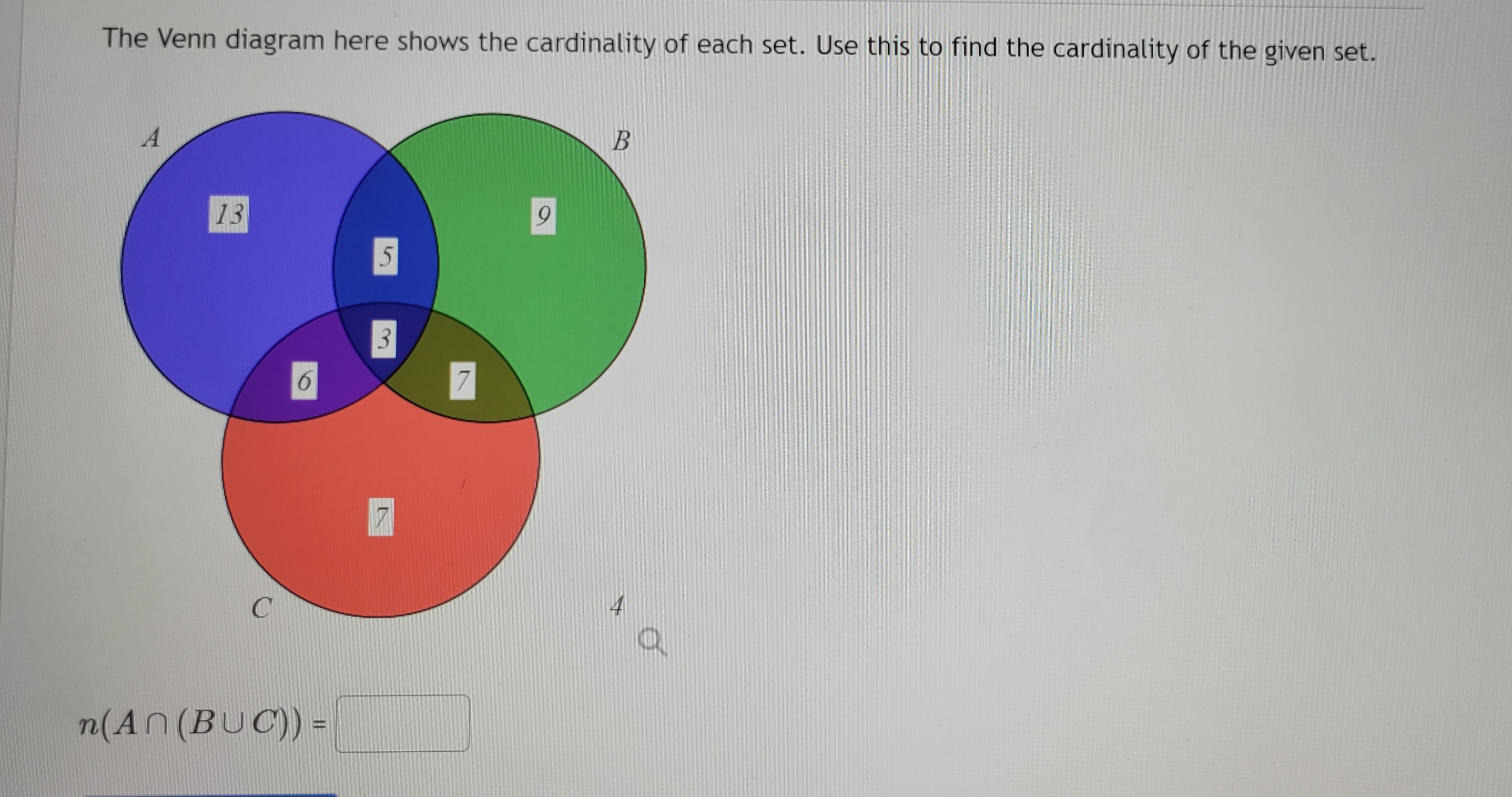 Solved The Venn diagram here shows the cardinality of each | Chegg.com