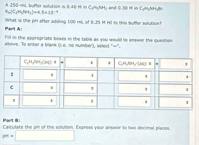 Solved A 250−mL buffer solution is 0.40M in C2H5NH2 and | Chegg.com