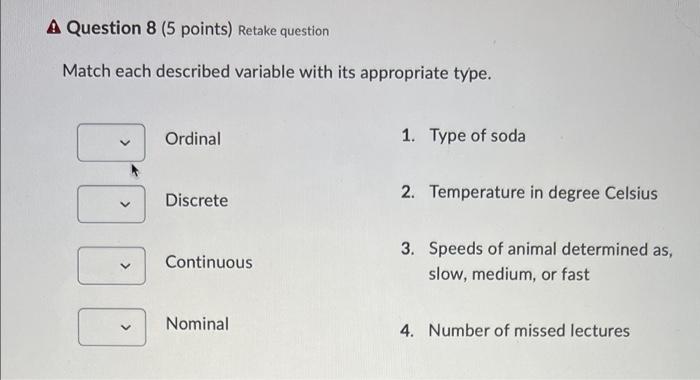 Solved A Question 8 (5 points) Retake question Match each | Chegg.com