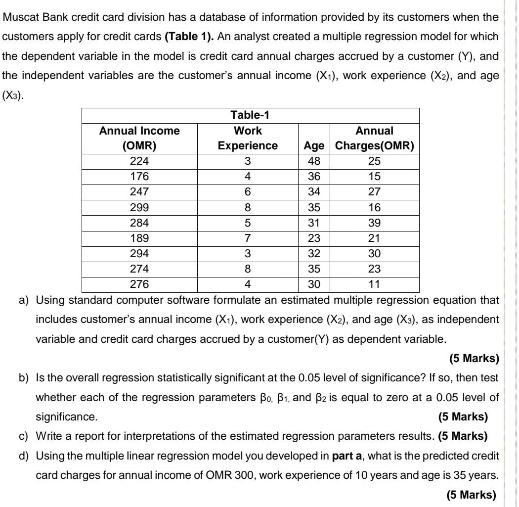 Solved Muscat Bank credit card division has a database of | Chegg.com