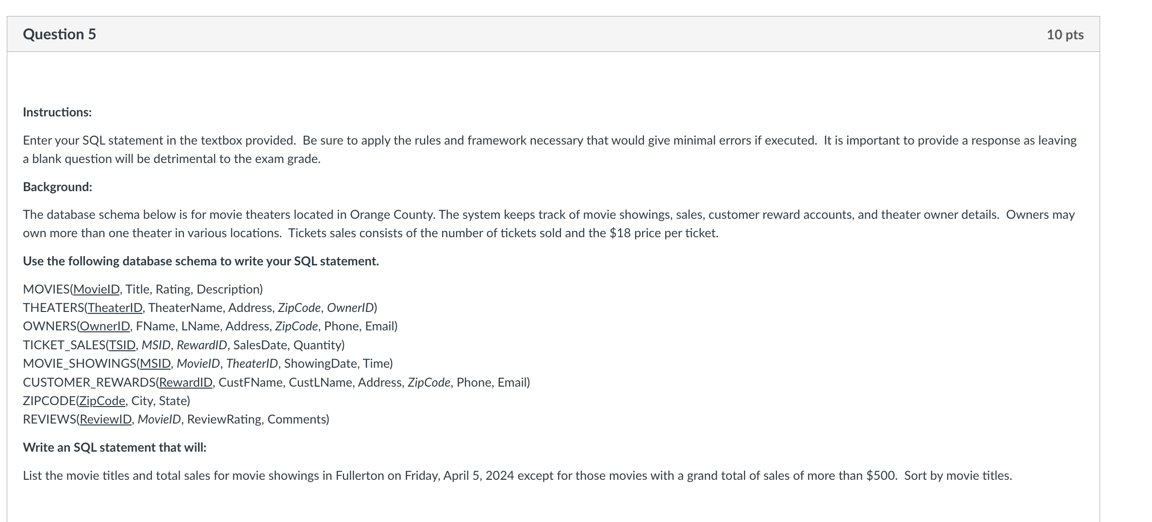 Solved Instructions:Enter your SQL statement in the textbox | Chegg.com