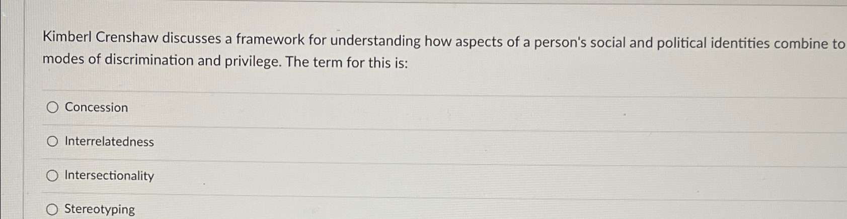 Solved Kimberl Crenshaw discusses a framework for | Chegg.com