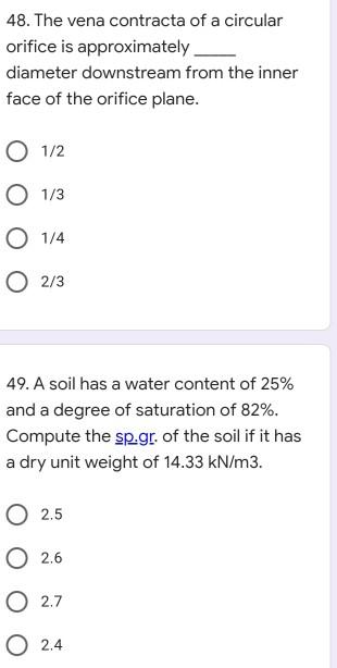 Solved 48. The vena contracta of a circular orifice is | Chegg.com