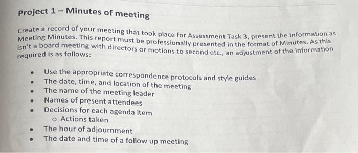 Project 1 - Minutes of meeting Create a record of | Chegg.com