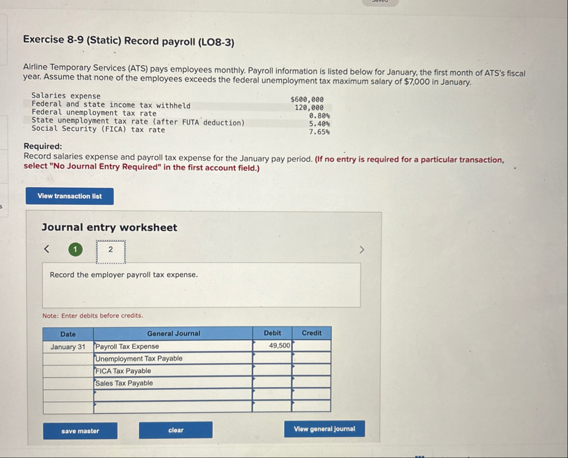 Solved Exercise 8-9 (Static) ﻿Record payroll (LO8-3)Airline | Chegg.com