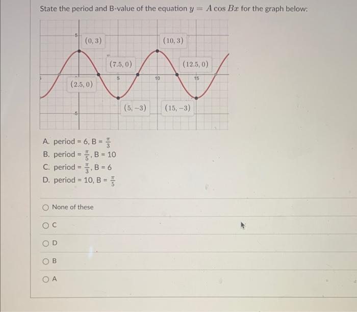Solved State the period and B-value of the equation y=AcosBx | Chegg.com