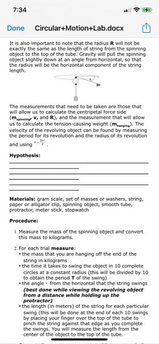 Physics 20 Circular Motion Lab Purpose: To prove that | Chegg.com