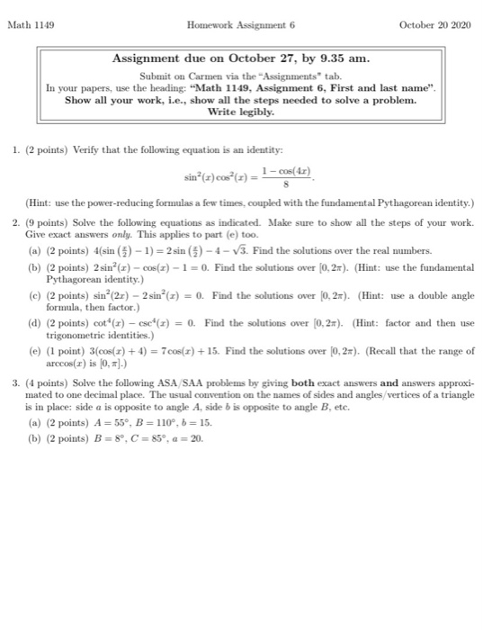 Solved Math 1149 Homework Assignment 6 October 20 2020 | Chegg.com