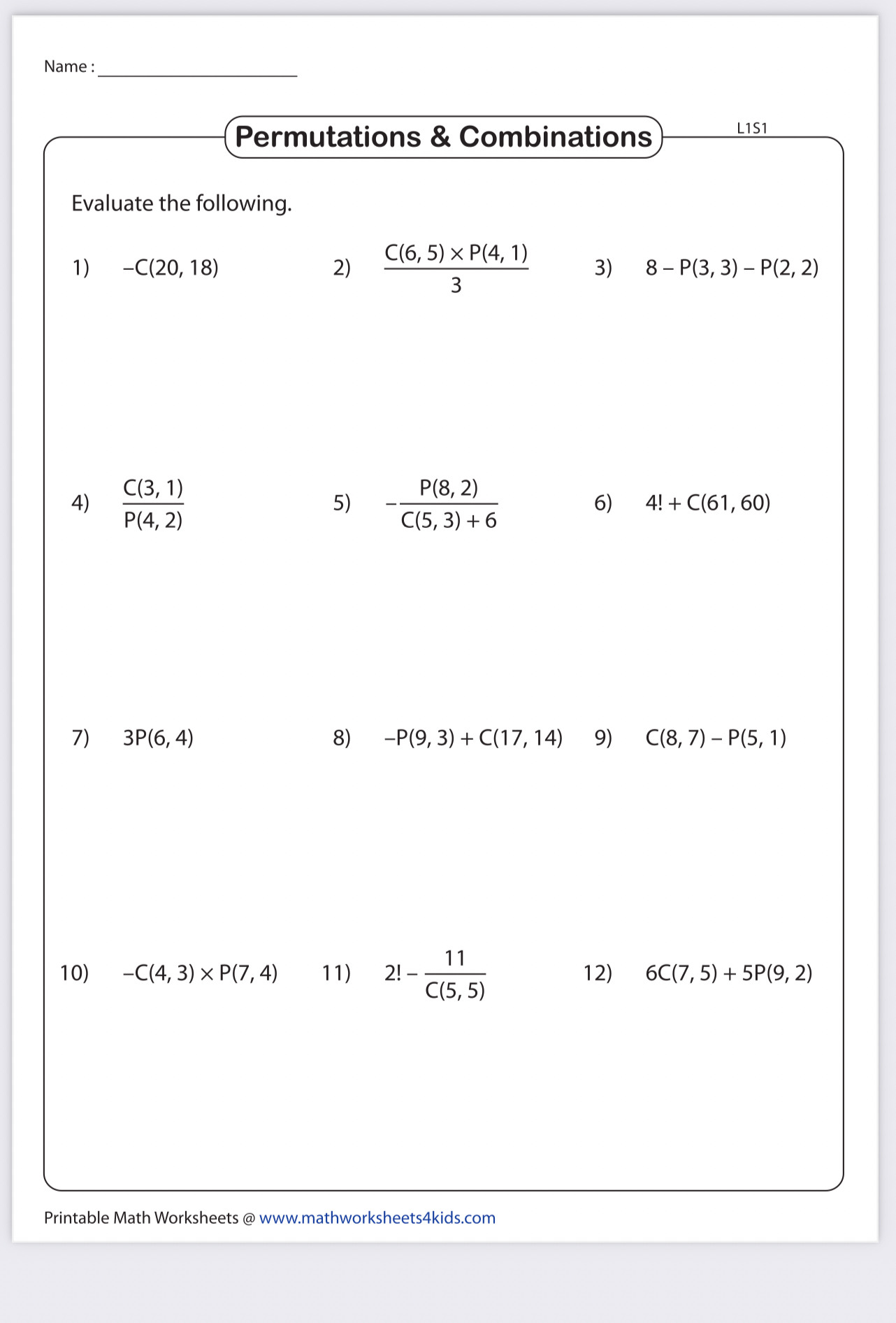 Solved Name: q,Permutations & CombinationsL1S1Evaluate the | Chegg.com