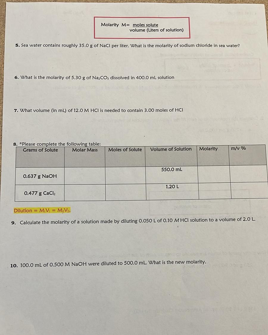 Molarity M= ﻿moles solutevolume (Liters of | Chegg.com
