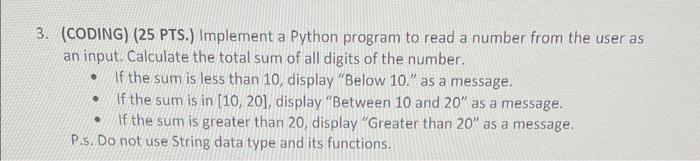 Solved 3. (CODING) (25 PTS.) Implement a Python program to | Chegg.com Solved 3. (CODING) (25 PTS.) Implement a Python program to | Chegg.com
