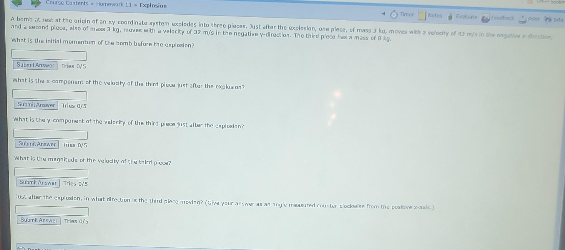 Solved A bomb at rest at the origin of an xy-coordinate | Chegg.com