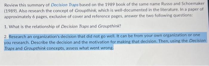 Solved Review this summary of Decision Traps based on the | Chegg.com