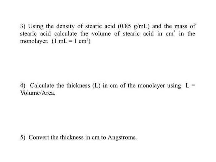 Solved EXPERIMENT A Concentration of stearic acid solution | Chegg.com