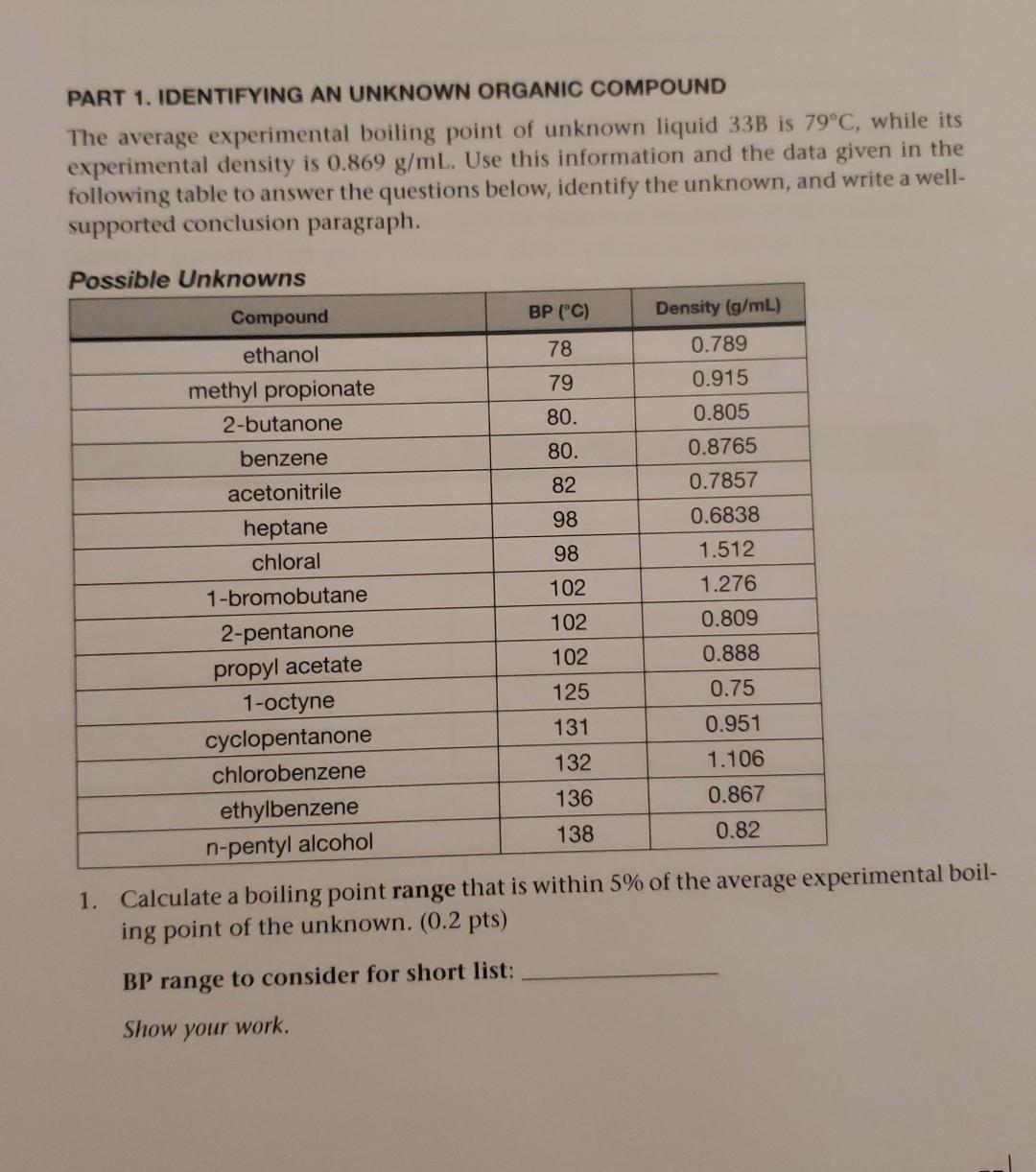 PART 1. IDENTIFYING AN UNKNOWN ORGANIC COMPOUND The | Chegg.com