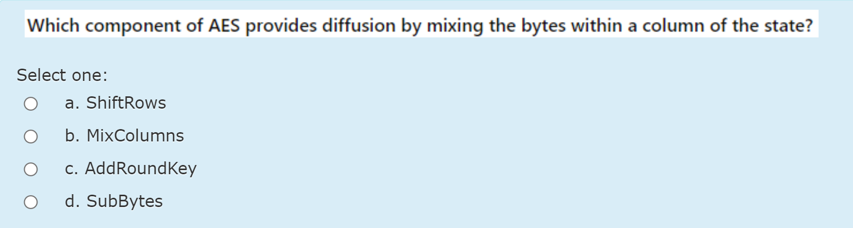 Solved Which component of AES provides diffusion by mixing | Chegg.com