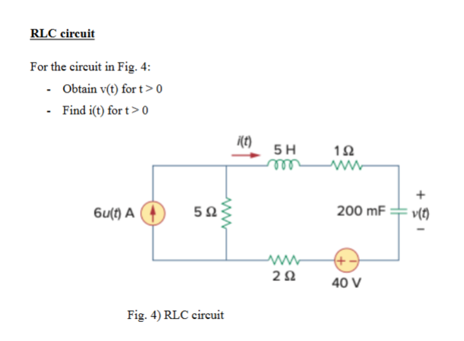 Solved RLC circuit For the circuit in Fig. 4: Obtain v(t) | Chegg.com