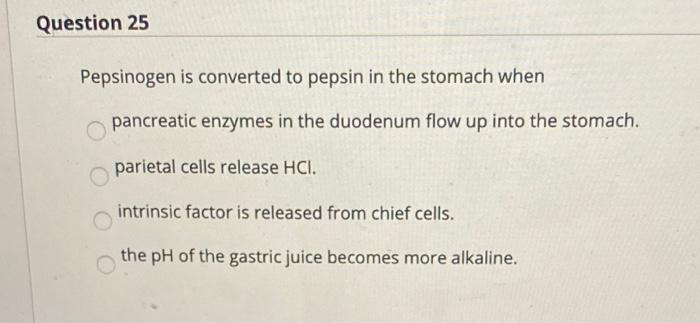Solved Question 25 Pepsinogen is converted to pepsin in the | Chegg.com