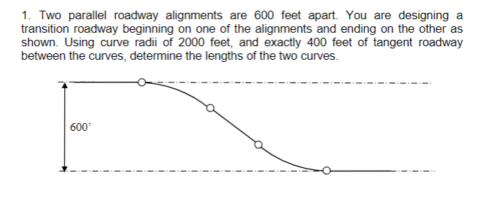 Two parallel roadway alignments are 600 ﻿feet apart. | Chegg.com