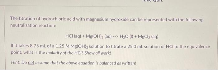 Solved The titration of hydrochloric acid with magnesium | Chegg.com