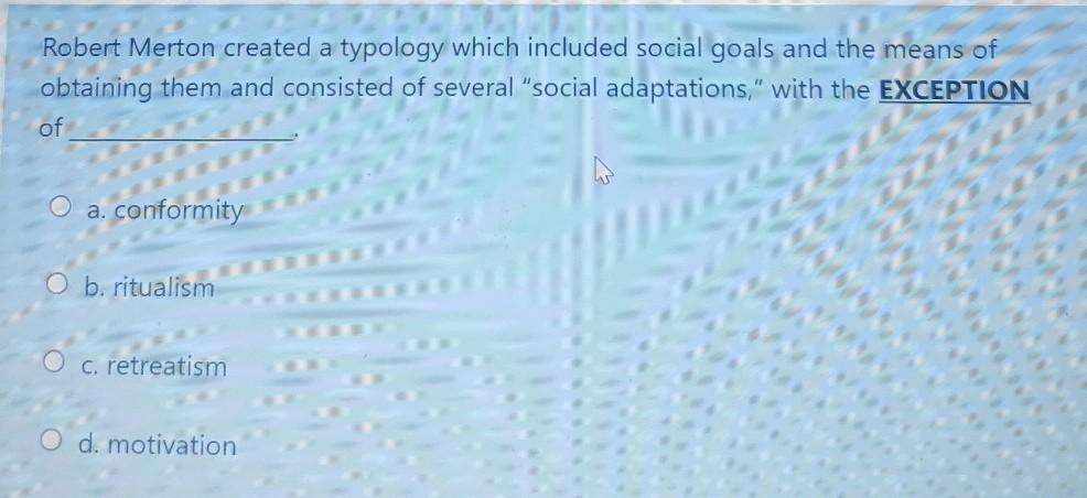 Solved Robert Merton created a typology which included | Chegg.com