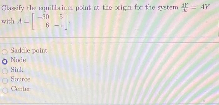 Solved dy Classify the equilibrium point at the origin for | Chegg.com