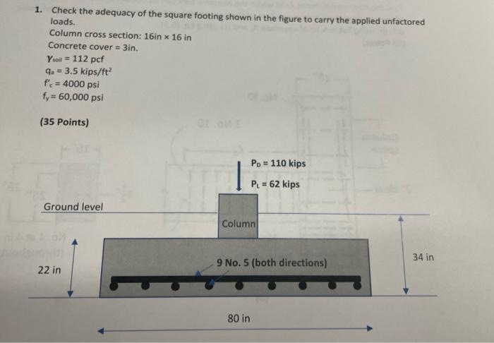 Solved 1. Check the adequacy of the square footing shown in | Chegg.com