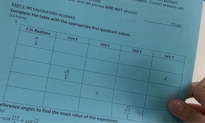 Solved PART 1: NO CALCULATORS ALLOWED Complete the table | Chegg.com