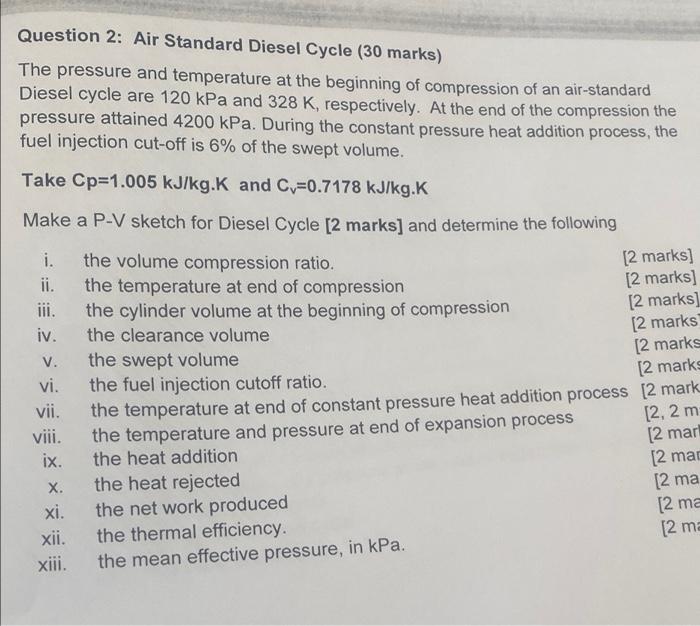 Solved Question 2: Air Standard Diesel Cycle (30 marks) The | Chegg.com