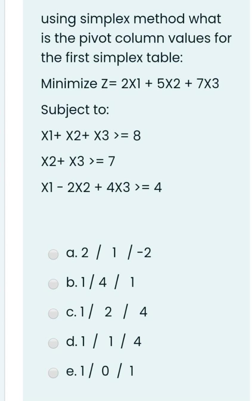 Solved using simplex method what is the pivot column values | Chegg.com