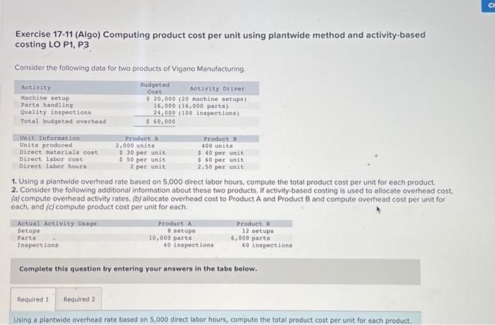 Solved Exercise 17-11 (Algo) Computing product cost per unit | Chegg.com