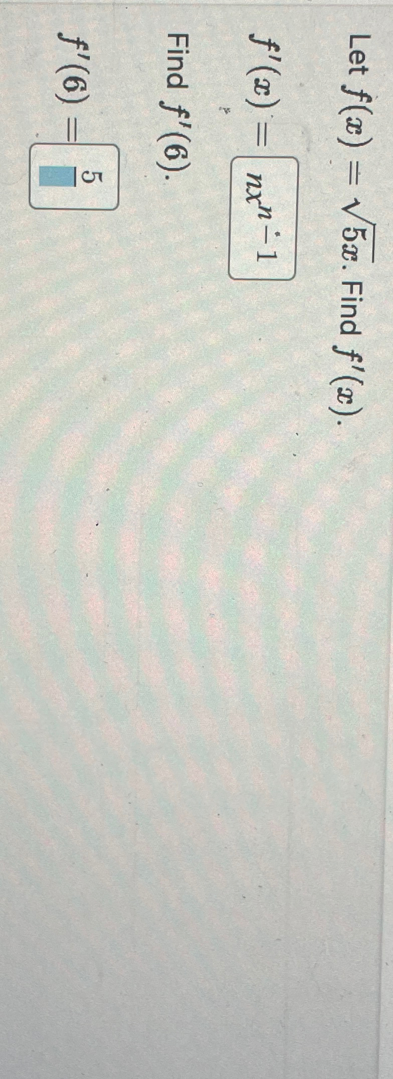 Solved Let f(x)=5x2. Find f'(x)f'(x)=Find f'(6).f'(6)=5 | Chegg.com Solved Let f(x)=5x2. Find f'(x)f'(x)=Find f'(6).f'(6)=5 | Chegg.com