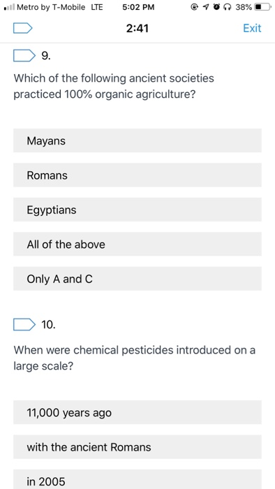 Solved . Metro by T-Mobile LTE 5:01 PM 10 38%D 1:39 Exit D | Chegg.com