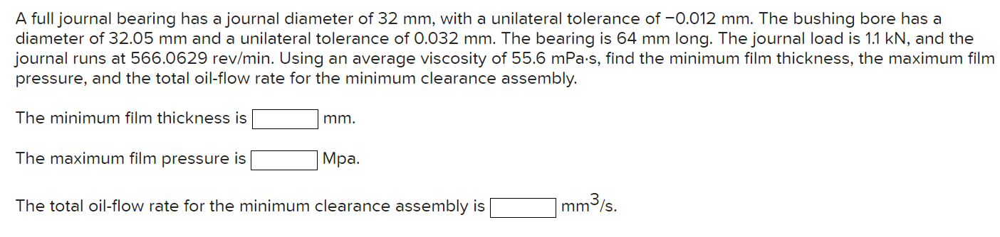 Solved A full journal bearing has a journal diameter of | Chegg.com