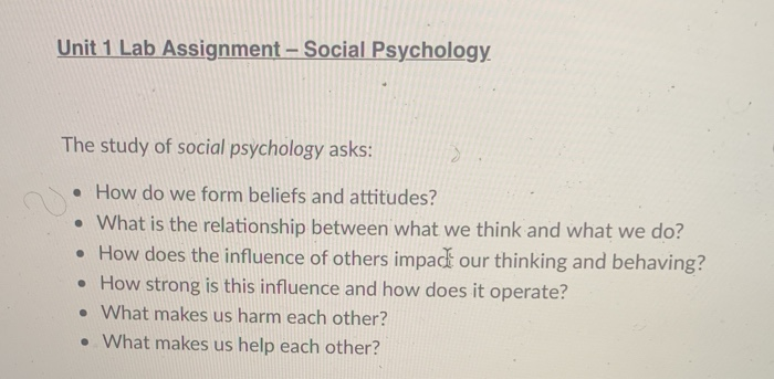 Solved Unit 1 Lab Assignment - Social Psychology The study | Chegg.com