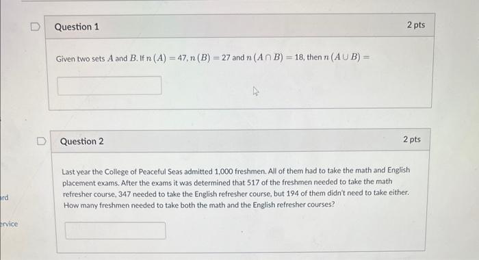 Solved Given two sets A and B. If n(A)=47,n(B)=27 and | Chegg.com