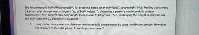 Solved The Recommended Daily Allowance (RDA) for protein is | Chegg.com
