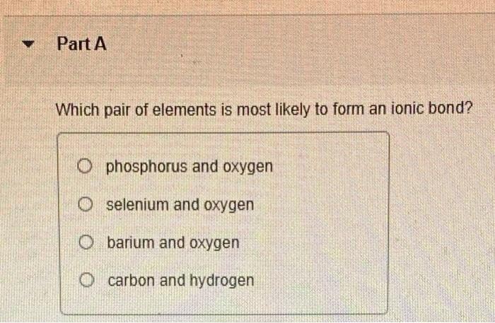 Solved Part A Which pair of elements is most likely to form | Chegg.com