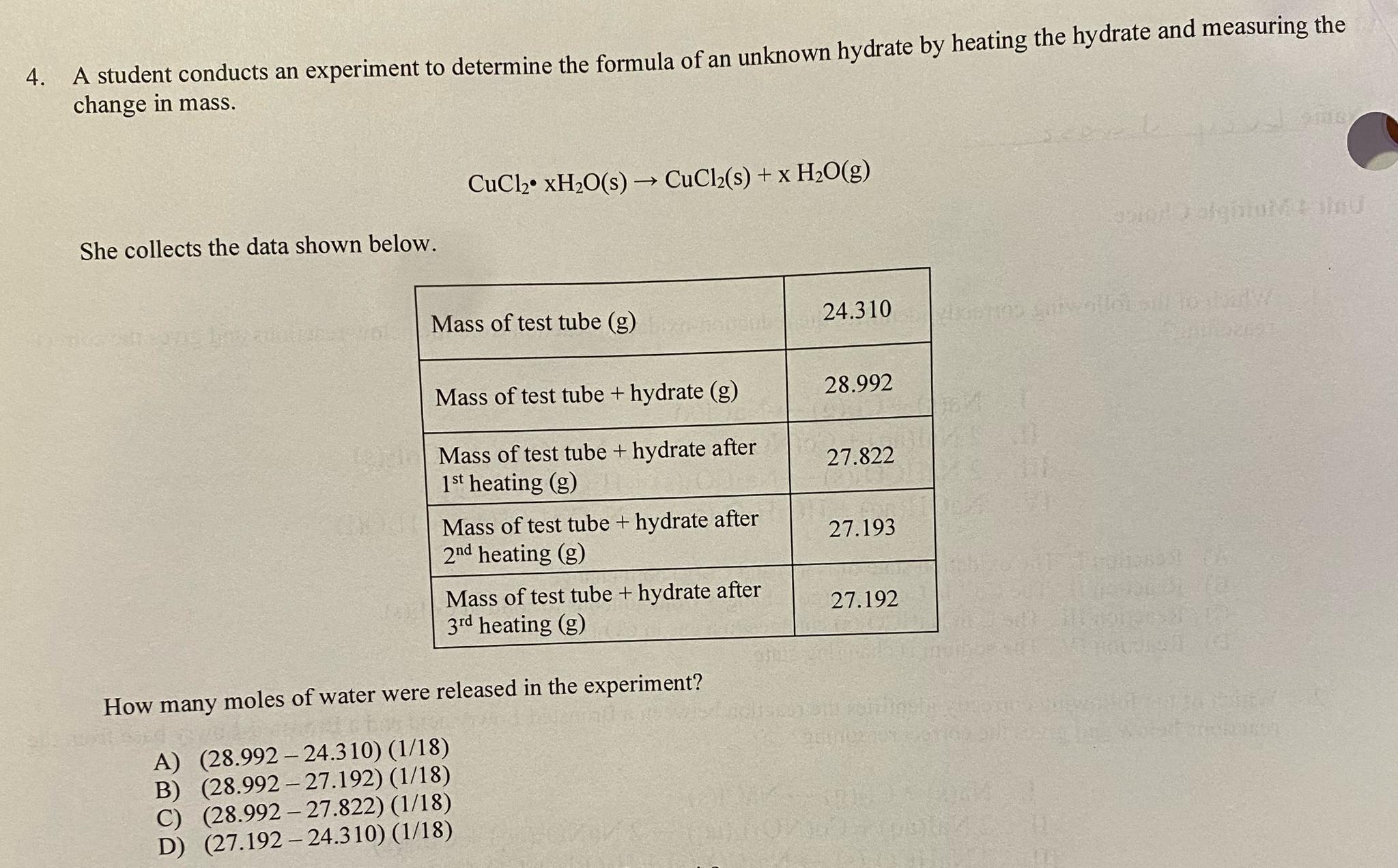 Solved A student conducts an experiment to determine the | Chegg.com