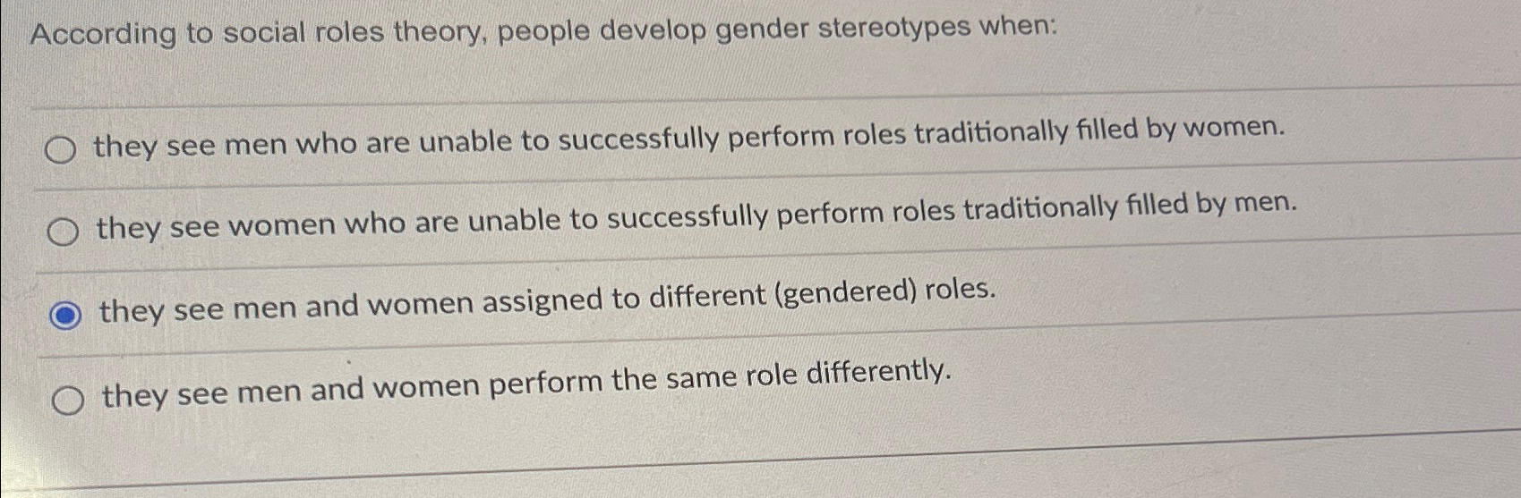 Solved According to social roles theory, people develop | Chegg.com