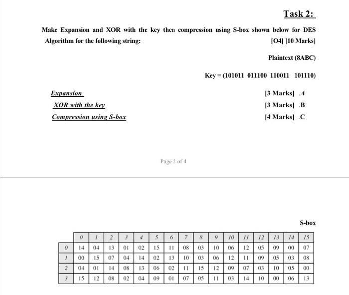 Solved Task 2: Make Expansion and XOR with the key then | Chegg.com