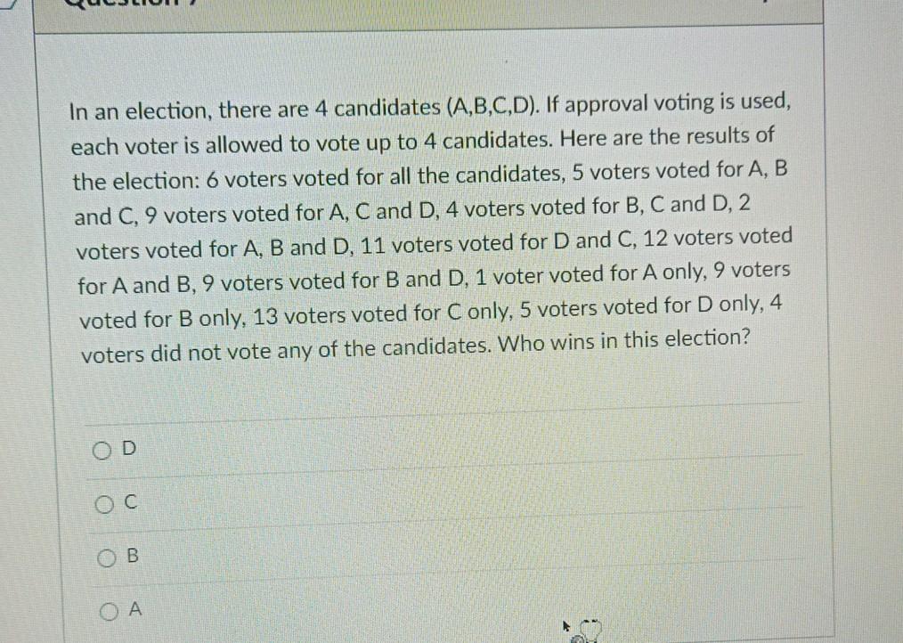 In an election, there are 4 candidates (A,B,C,D). If | Chegg.com