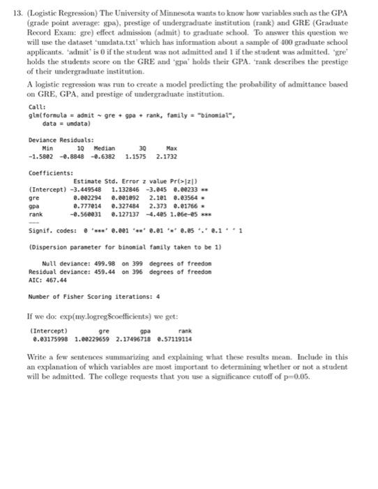 Solved 13. (Logistic Regression) The University of Minnesota | Chegg.com