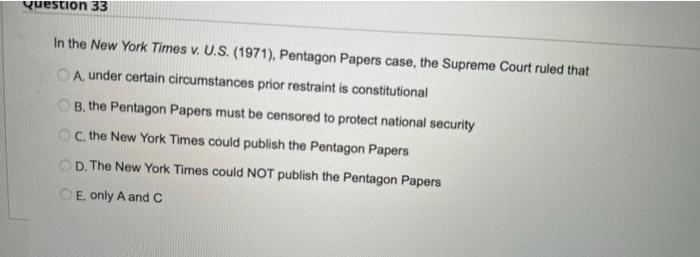 Question 33 In the New York Times v. U.S. (1971), | Chegg.com