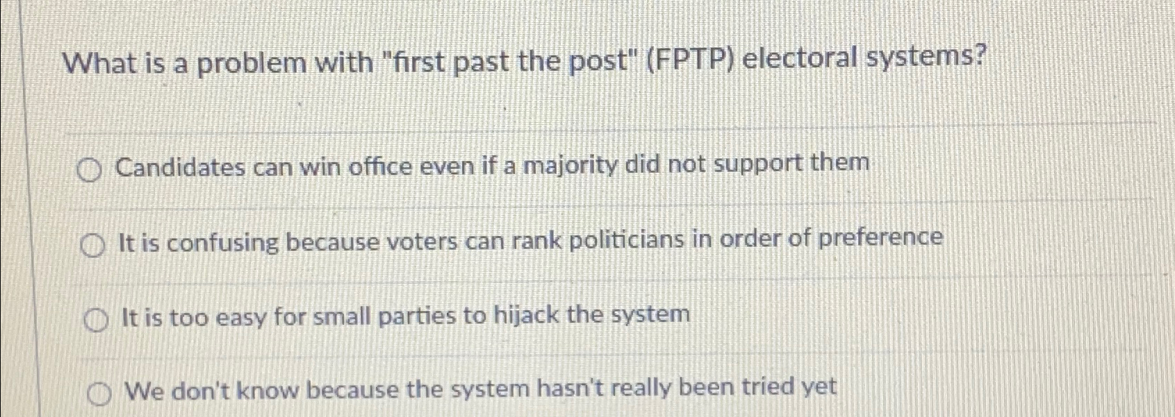 Solved What is a problem with "first past the post" (FPTP) | Chegg.com