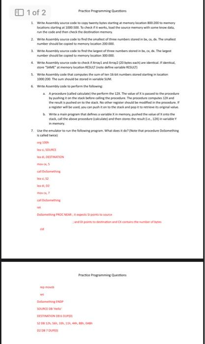 Solved 1 Write Aasembly Source Code To Copy Tweney Bytes 8287